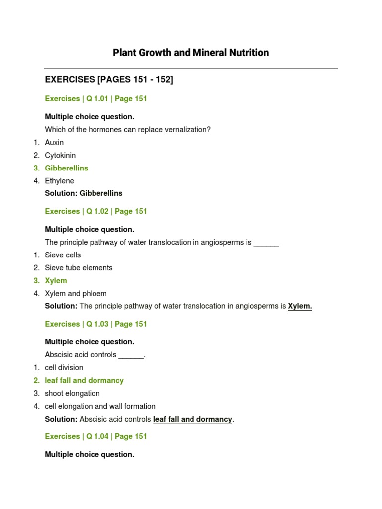Plant Growth and Mineral Nutrition: EXERCISES (PAGES 151 - 152) | PDF ...