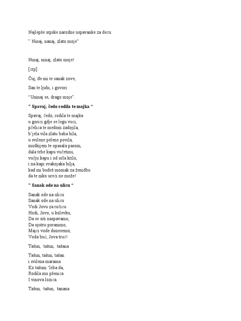 Najlepše Srpske Narodne Uspavanke Za Decu | PDF