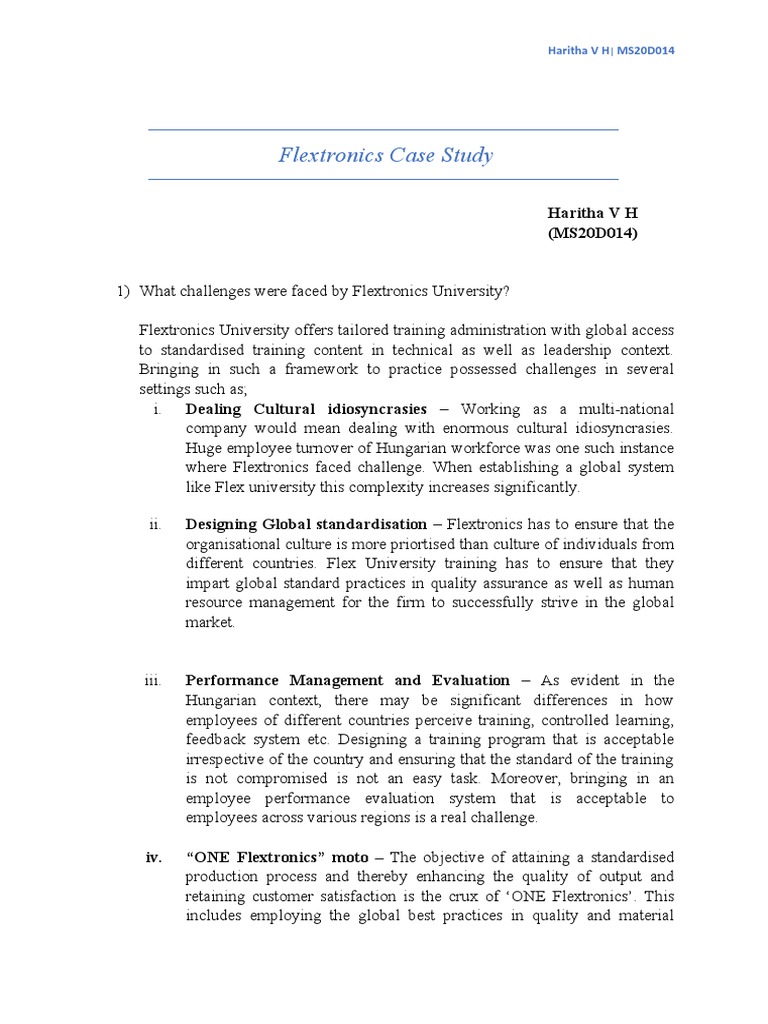 Flextronics Case Study: Haritha V H MS20D014 | PDF | Mentorship | Employment
