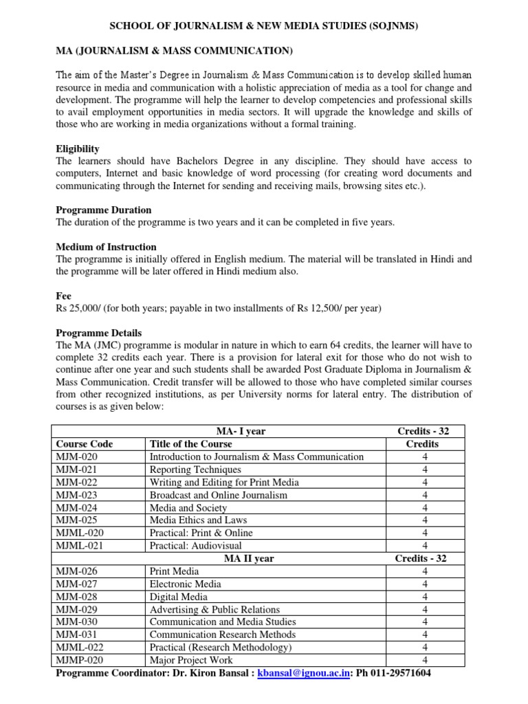 Master of Arts in Journalism and Mass Communication: A Modular Program ...