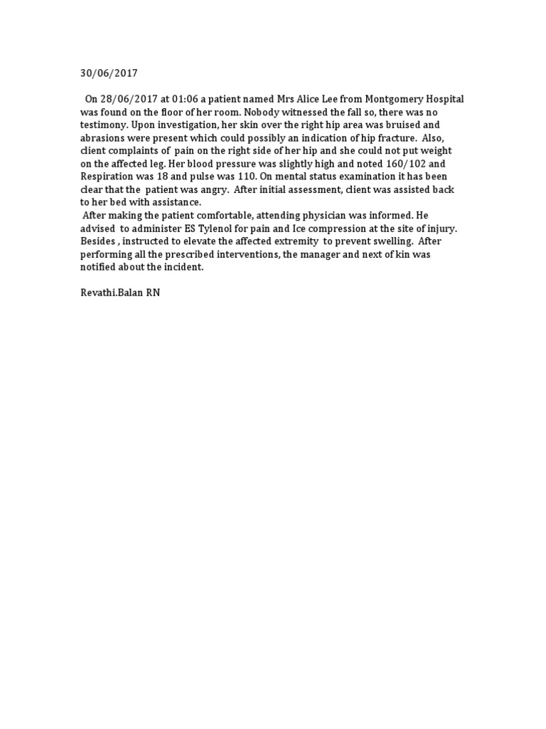 Incident Report Regarding an Unwitnessed Fall and Potential Hip ...