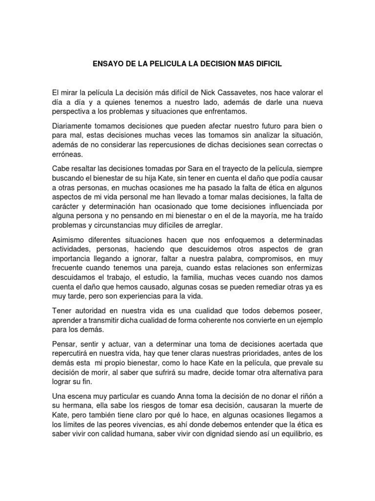Ensayo de La Pelicula La Decision Mas Dificil | PDF | Toma de ... Ensayo de La Pelicula La Decision Mas Dificil | PDF | Toma de ...