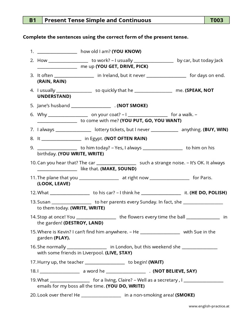 B1 Present Tense Simple and Continuous T003: Complete The Sentences ...
