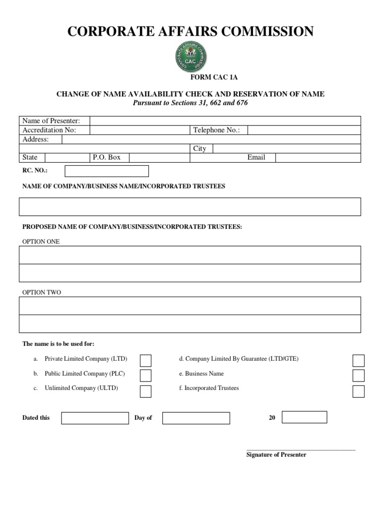 CAC Form 1A: Name Change Request | PDF | Law