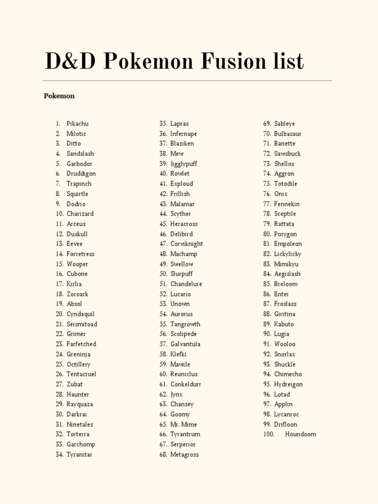 D&D Pokemon Fusion List | PDF | Pokémon | Gary Gygax Games