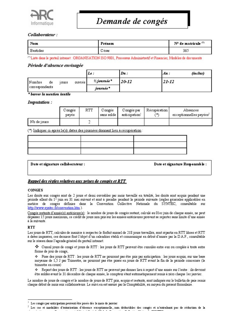 Modèle de demande de congés payés | PDF | Bulletin de salaire (droit ...