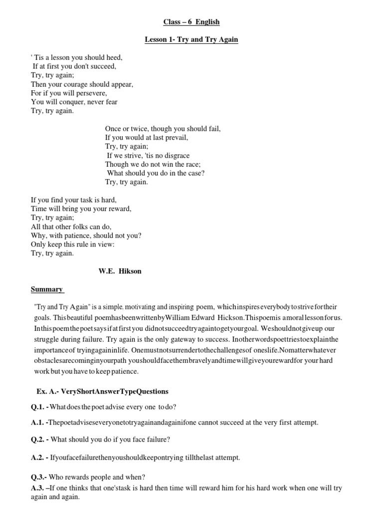 6-English-Lesson 1 - Try and Try Again | PDF | Cognition
