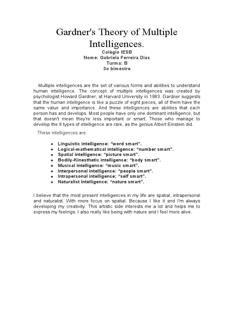 Gardner's Theory of Multiple Intelligences. | PDF