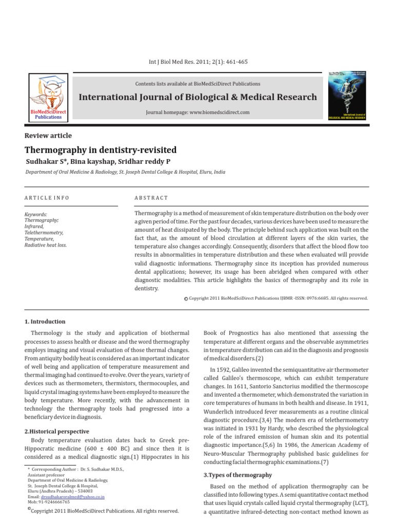 Thermography in Dentistry-Revisited | PDF | Thermography | Infrared