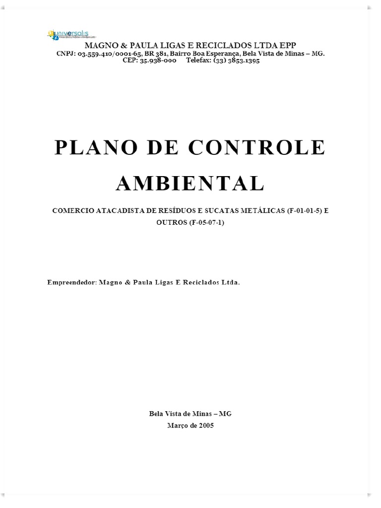 Modelo de PCA Plano de Controle Ambiental | PDF