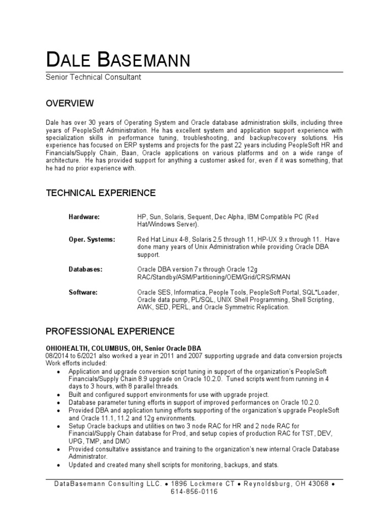 Dale Basemann Resume | PDF | Databases | Oracle Database