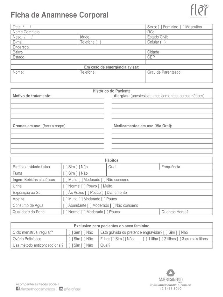 Ficha de Anamnese Corporal Fler Dermocosmeticos | PDF