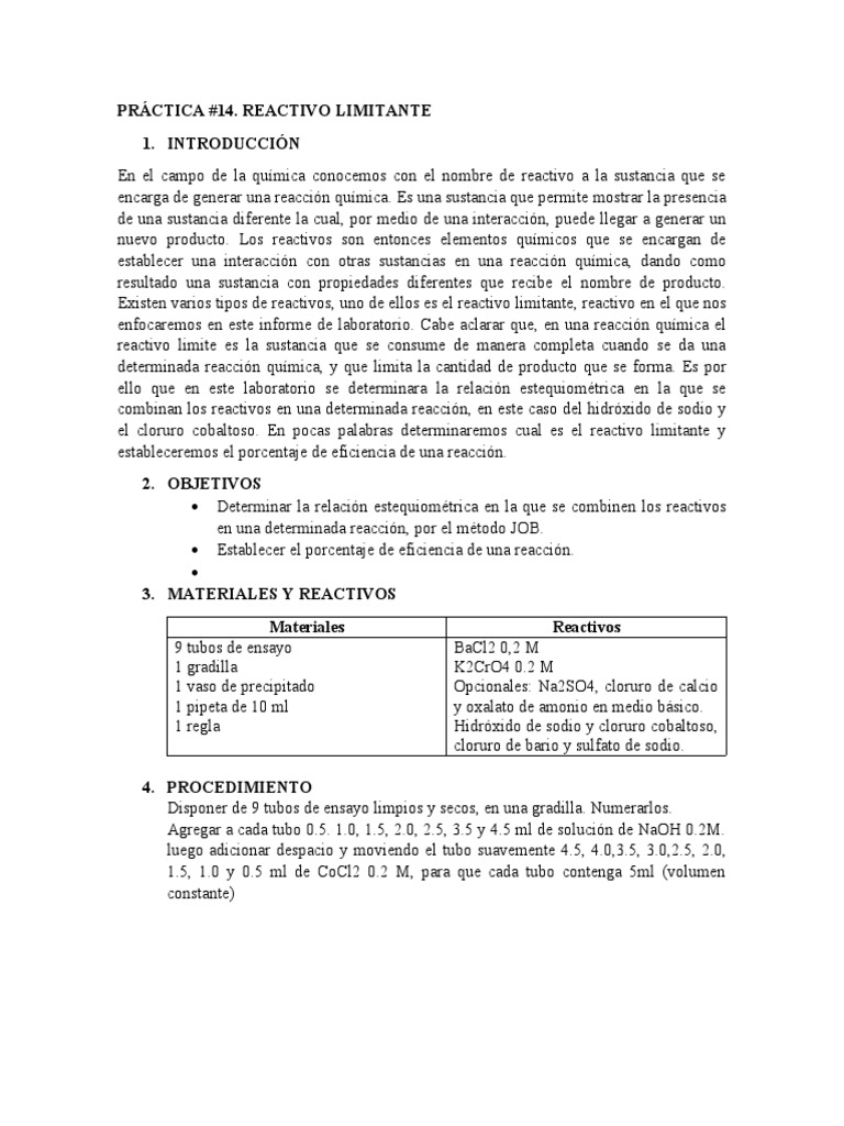 Práctica #14. Reactivo Limitante | PDF | Reacciones químicas | Estequiometría