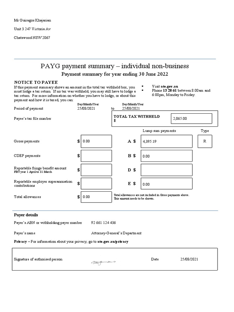 26082021-PAYG Payment Summary-G Khajarian (CLAIM-00464429) | PDF