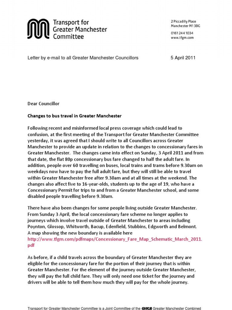 Letter To GM Councillors Re Changes To Bus Travel | Bus | Public Transport