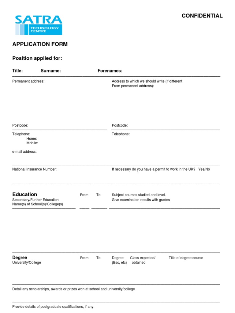 SATRA Job Application Form 2010 | PDF | Employment | Social Institutions