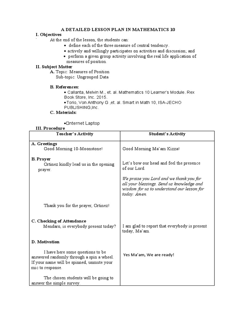 A Detailed Lesson Plan in Mathematics 10 I. Objectives | PDF | Quartile | Percentile