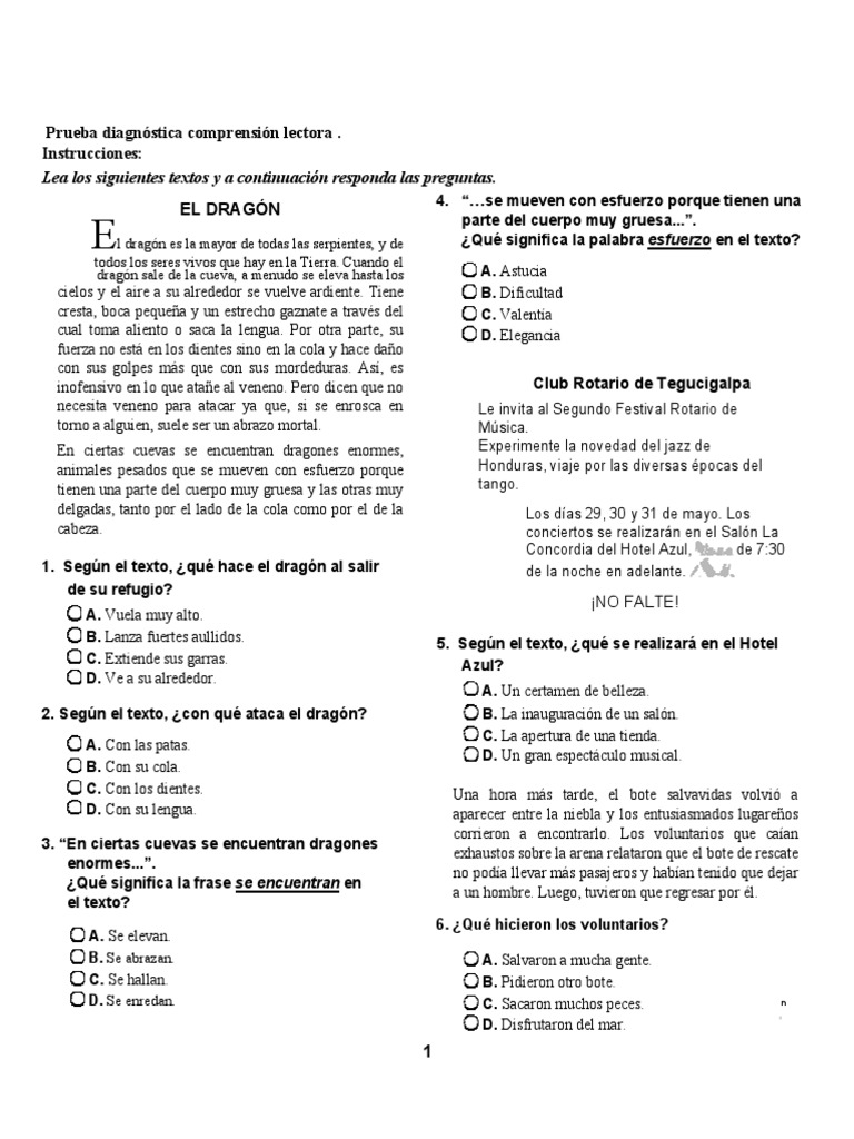 Prueba diagnóstica comprensión lectora | PDF | Desierto
