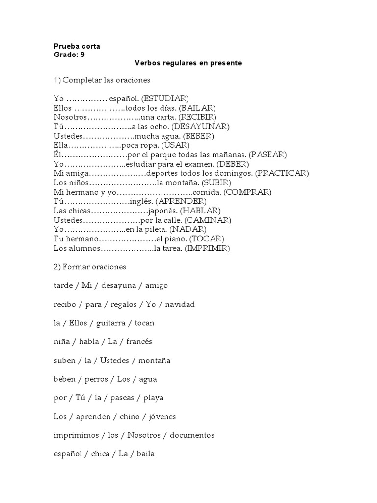 Copia de Verbos Regulares en Presente Ejercicios de Gramatica - 25637 | PDF