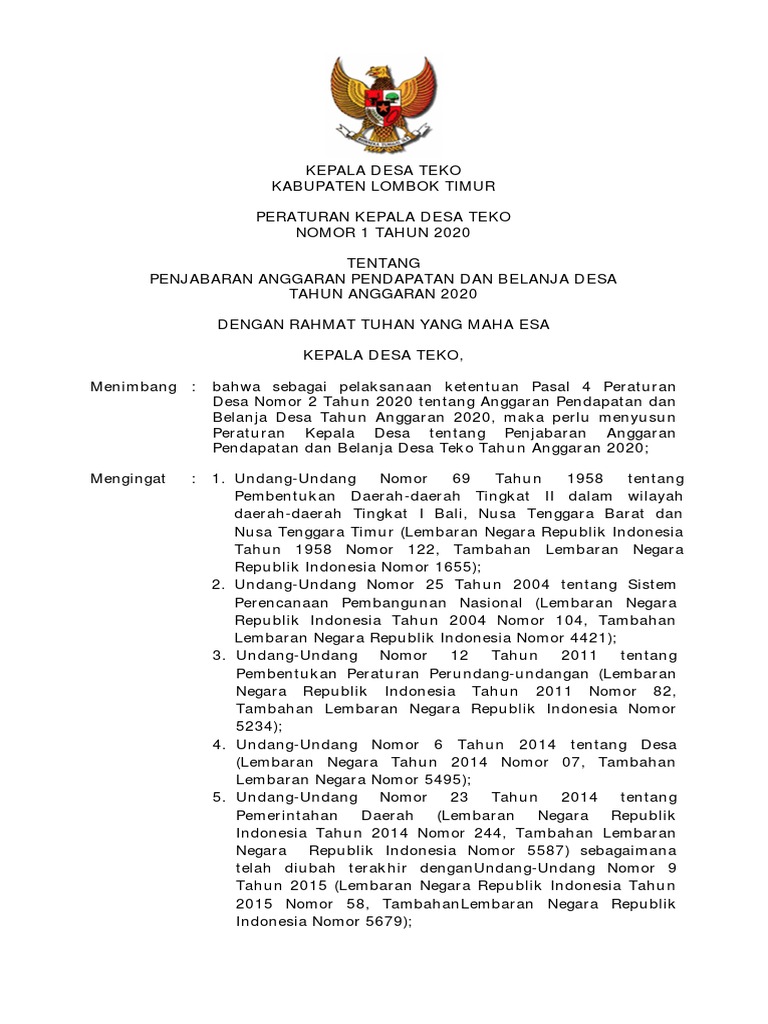 PERKADES NO 1 Tentang Penjabaran APBDes | PDF