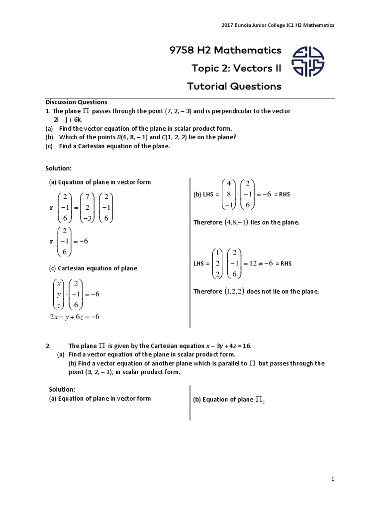 9758 H2 Mathematics Topic 2: Vectors II Tutorial Questions | PDF ...
