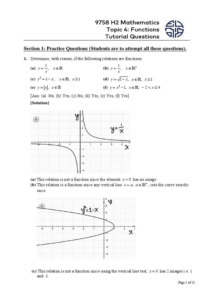 9758 H2 Mathematics Topic 4: Functions Tutorial Questions | PDF | Function (Mathematics) | Analysis