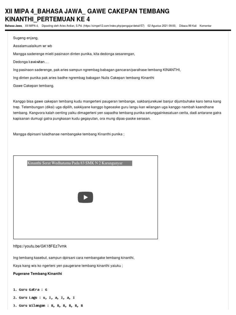 Gawe Cakepan Tembang Kinanthi - Pertemuan Ke 4 | PDF | Seni & Disiplin ...