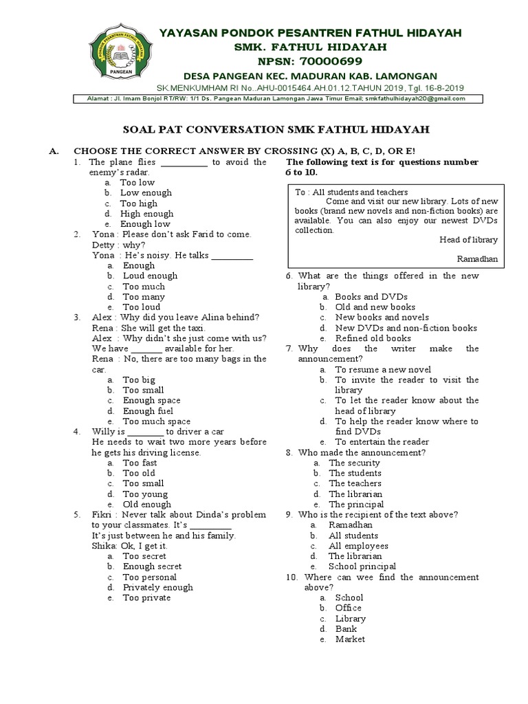 Soal PAT Conversation Kelas X SMK Fathul Hidayah | PDF | Gold
