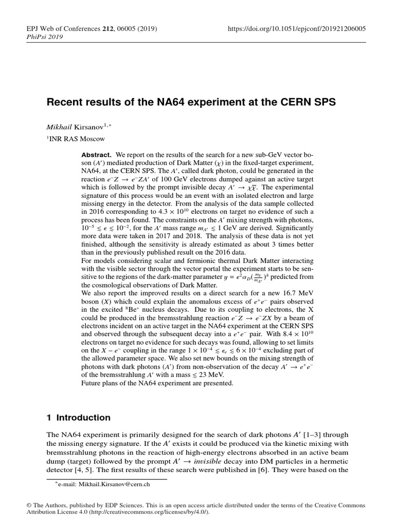 Recent Results of The NA64 Experiment at The CERN SPS | PDF | Electron ...