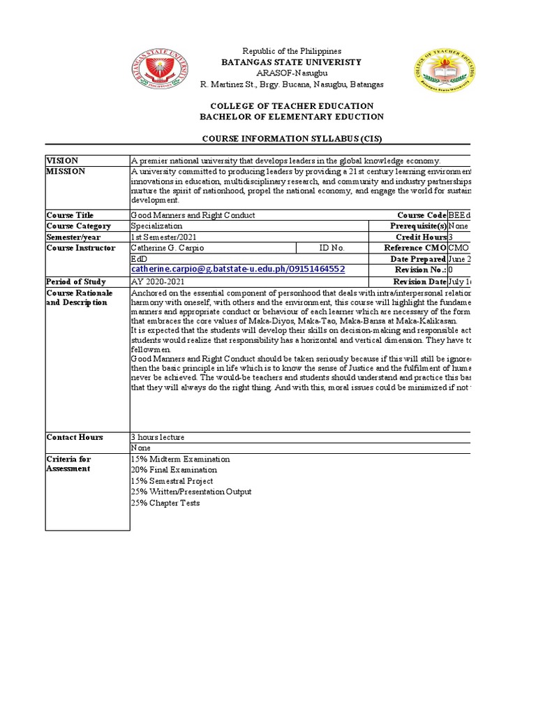 BEEd 111-Revised-Syllabus-in-Good-MAnners-and-RIght-Conduct | PDF ...