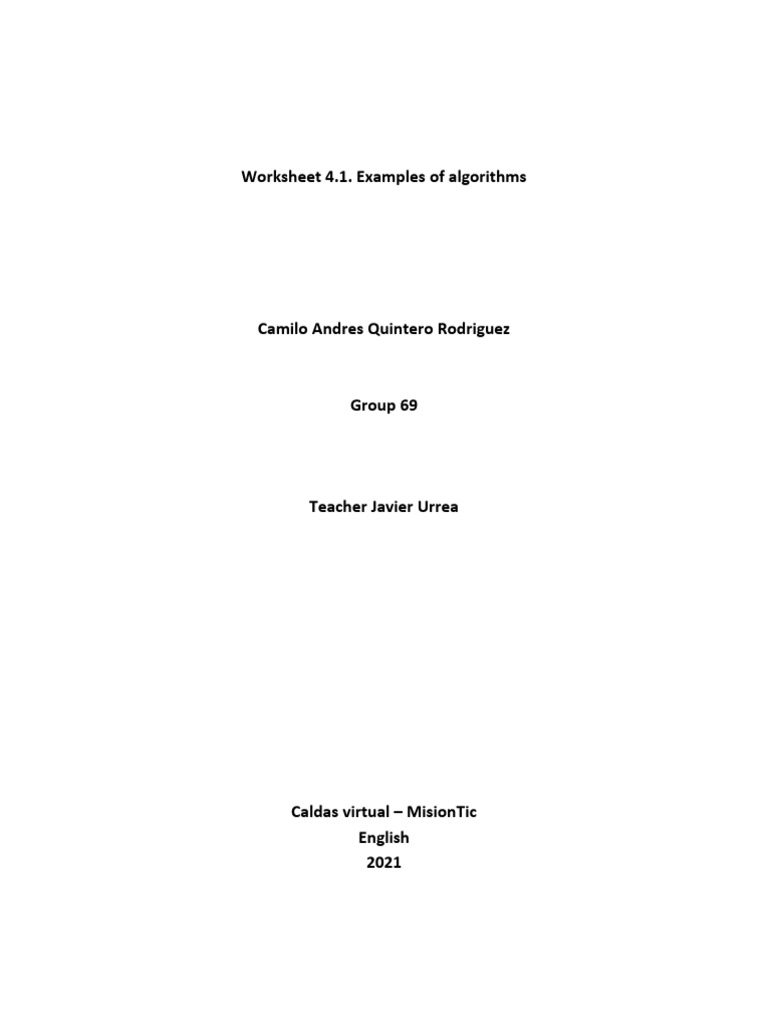 Worksheet 4 1 Example Of An Algorithm Pdf Algorithms