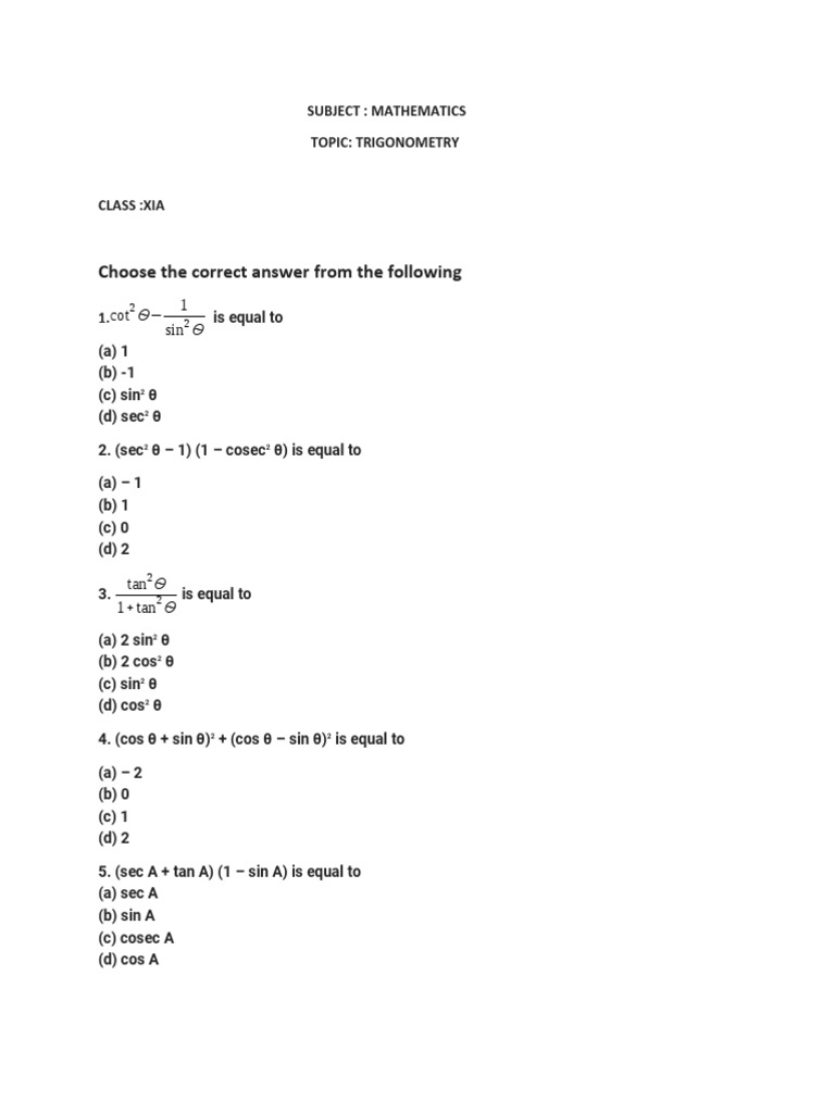 Class Xi Maths Revision Work Sheet (Trigonometry) | PDF
