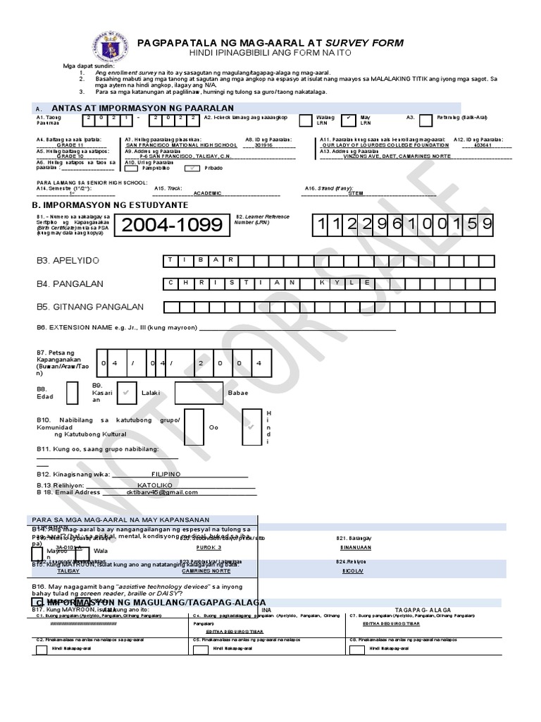 FINAL Modified Learner Enrollment and Survey Form Filipino | PDF