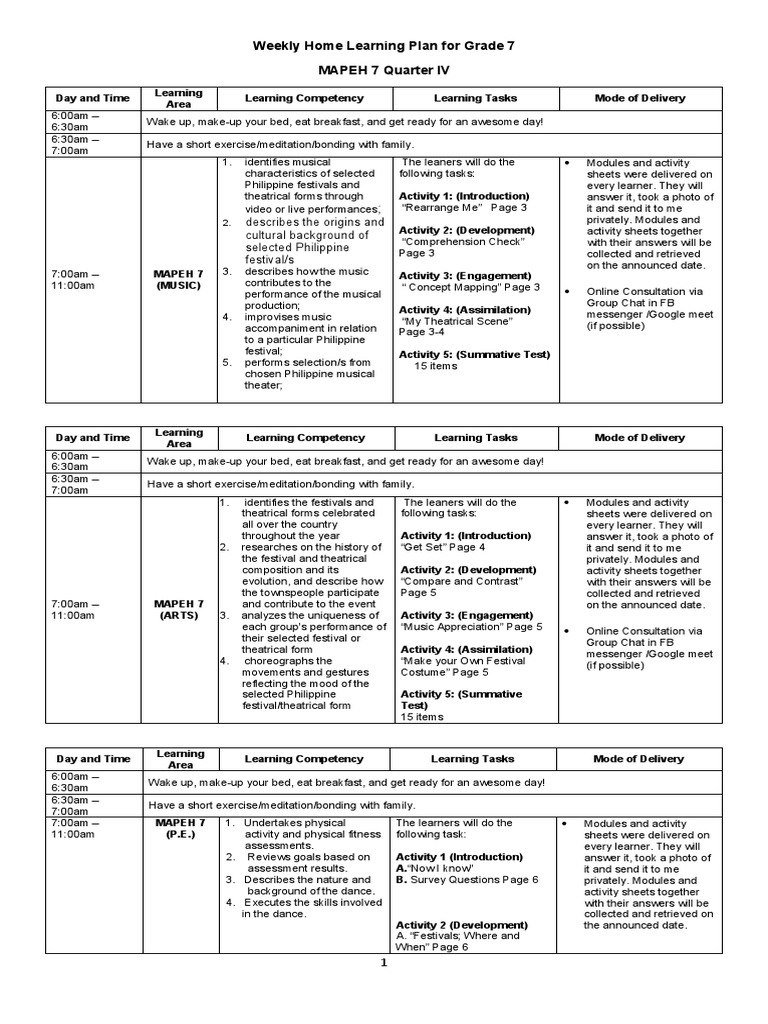 Weekly Home Learning Plan For Grade 7 MAPEH 7 Quarter IV | PDF | Non ...