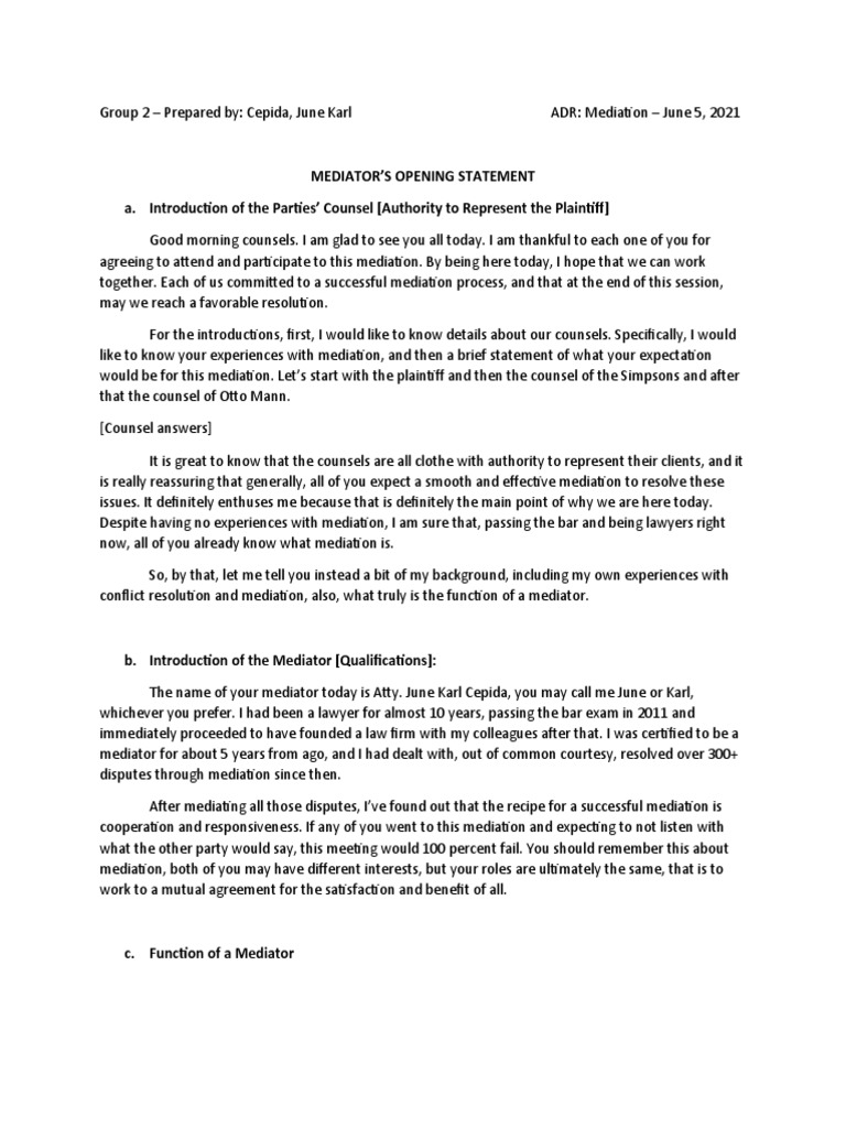 Mediator'S Opening Statement A. Introduction of The Parties' Counsel ...