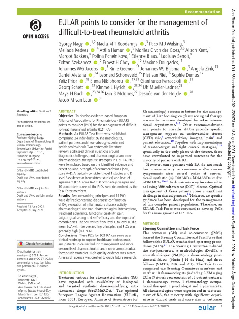 EULAR Points To Consider For The Management of Difficult To Treat ...