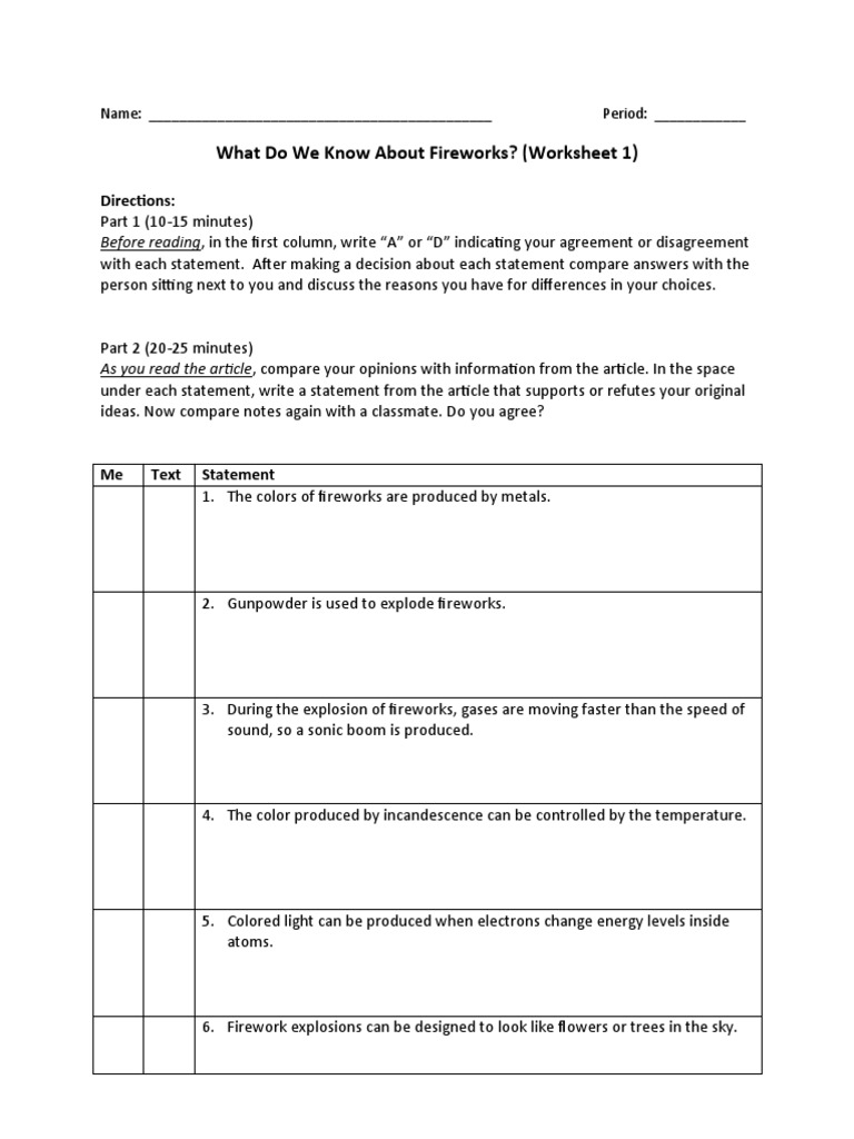 What Do We Know About Fireworks? (Worksheet 1) : Directions | PDF ...