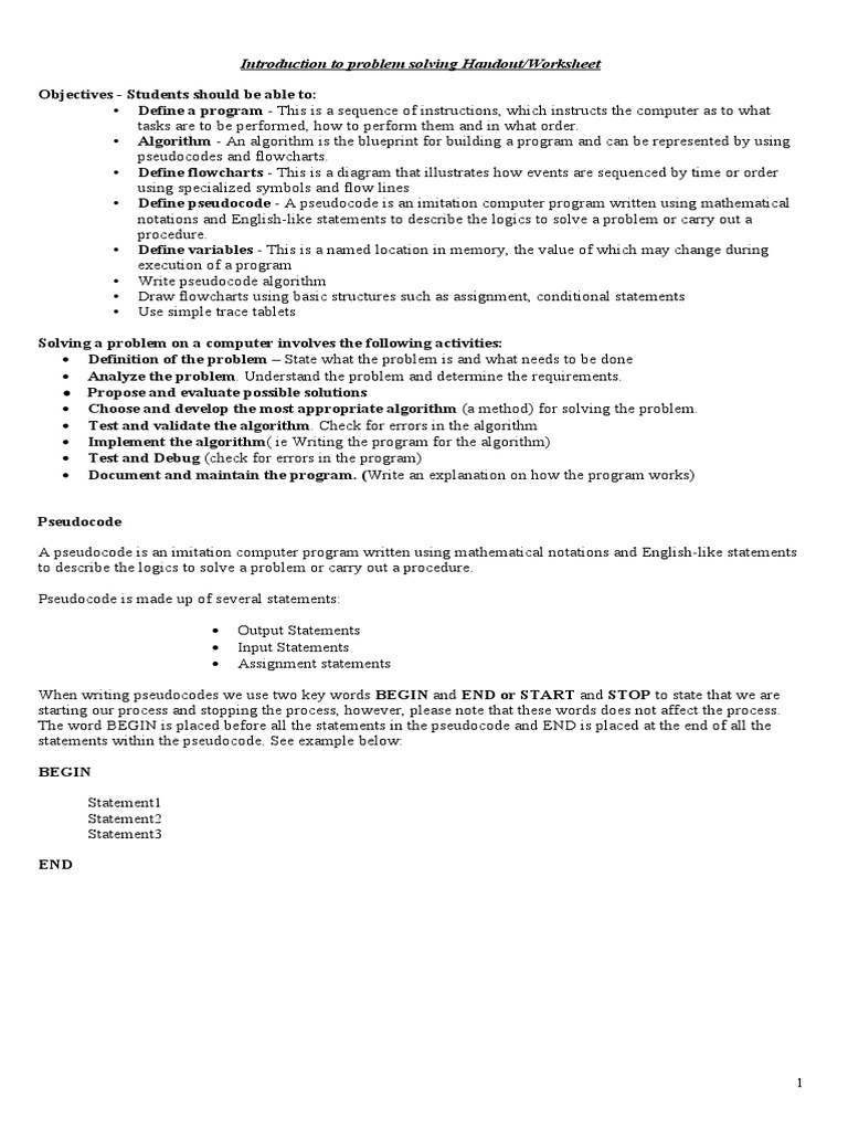 Introduction To Problem Solving Handout/Worksheet | PDF | Algorithms | Input/Output