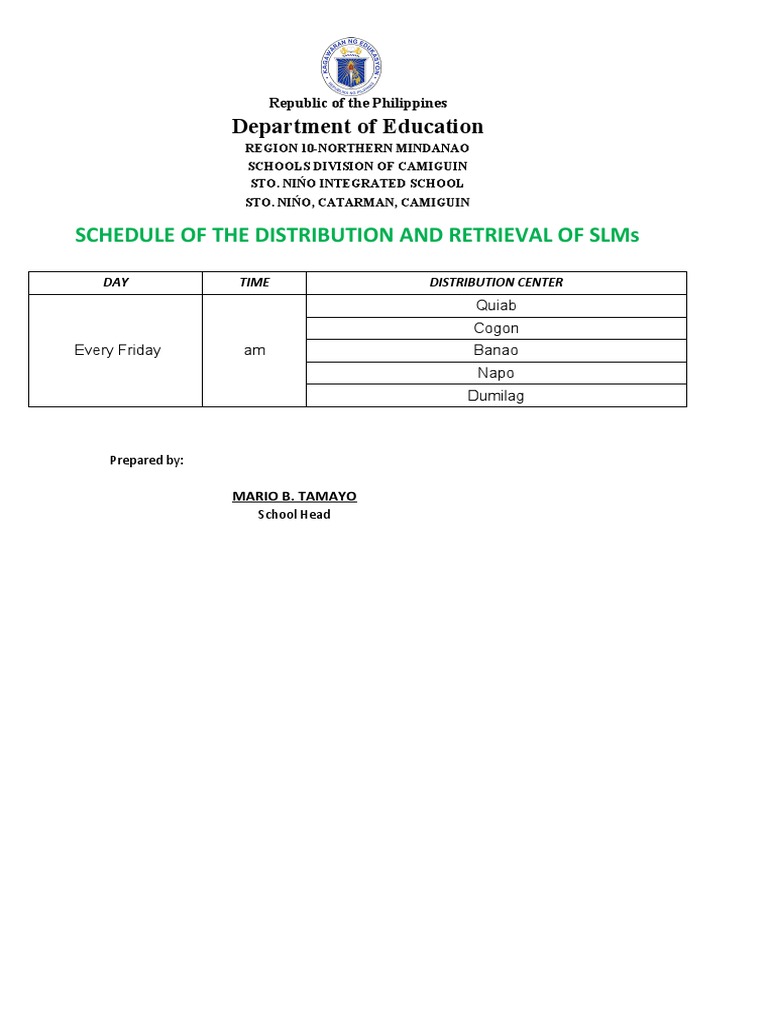 SLM Distribution Schedule - Sto. Niño School | PDF