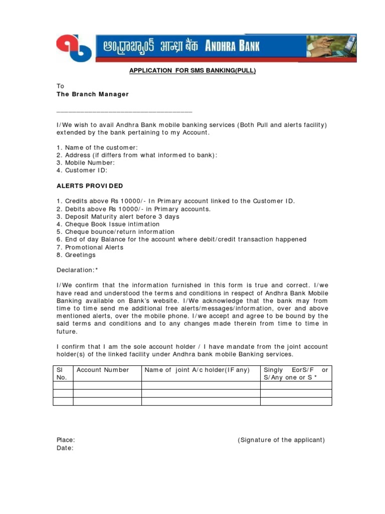 SMS Banking Application Form | PDF | Banks | Debits And Credits
