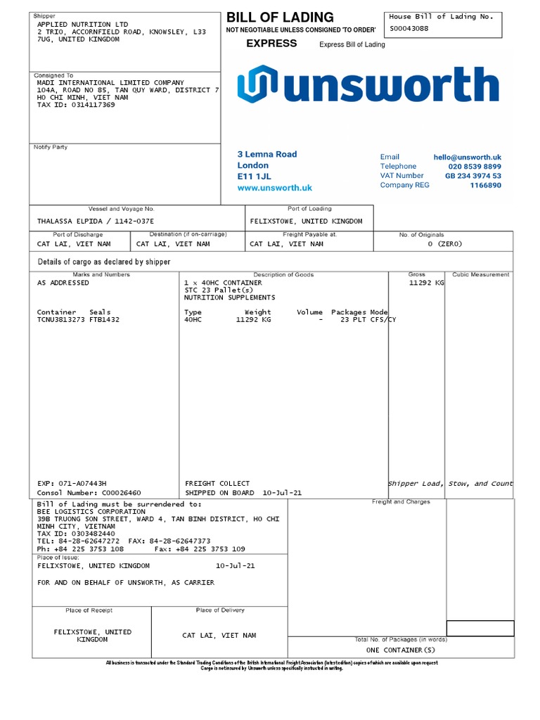 Express Bill of Lading for Nutrition Cargo | PDF | Cargo | Bill Of Lading