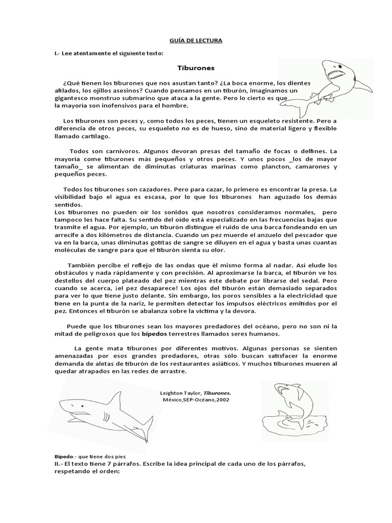 GUÍA de LECTURA Los Tiburones | PDF | Tiburones | Pescado
