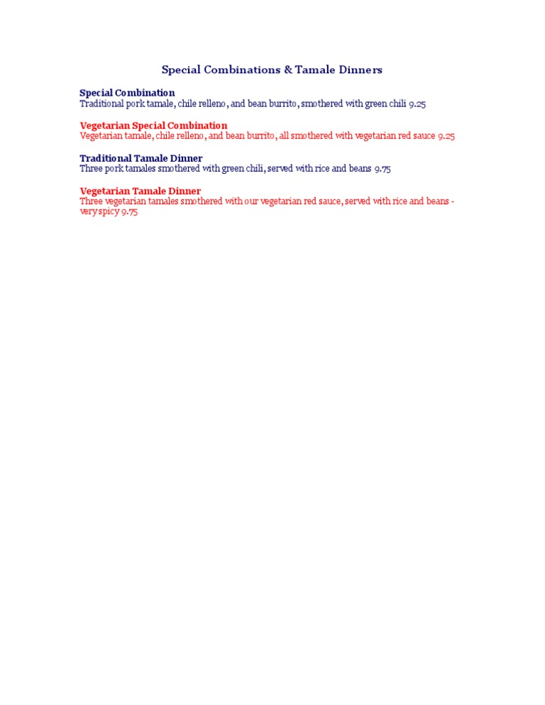 Tamale Dinner Specials Menu | PDF