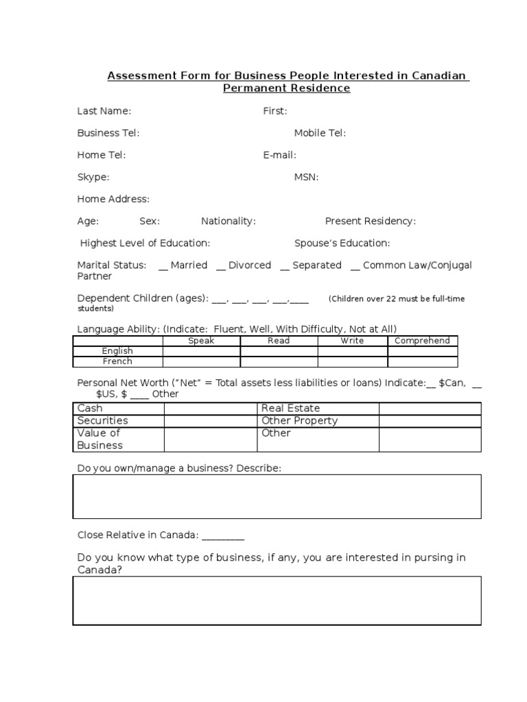 Canadian PR Assessment Form for Business | PDF