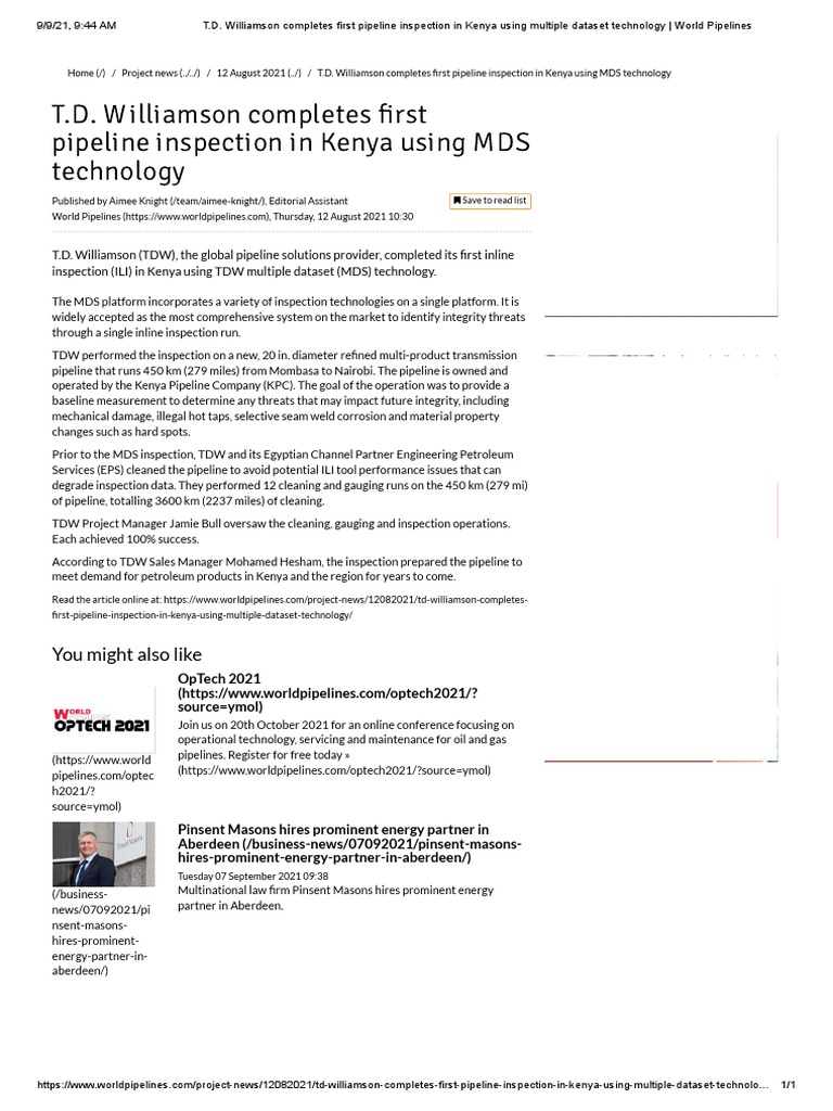 T.D. Williamson Completes First Pipeline Inspection in Kenya Using ...