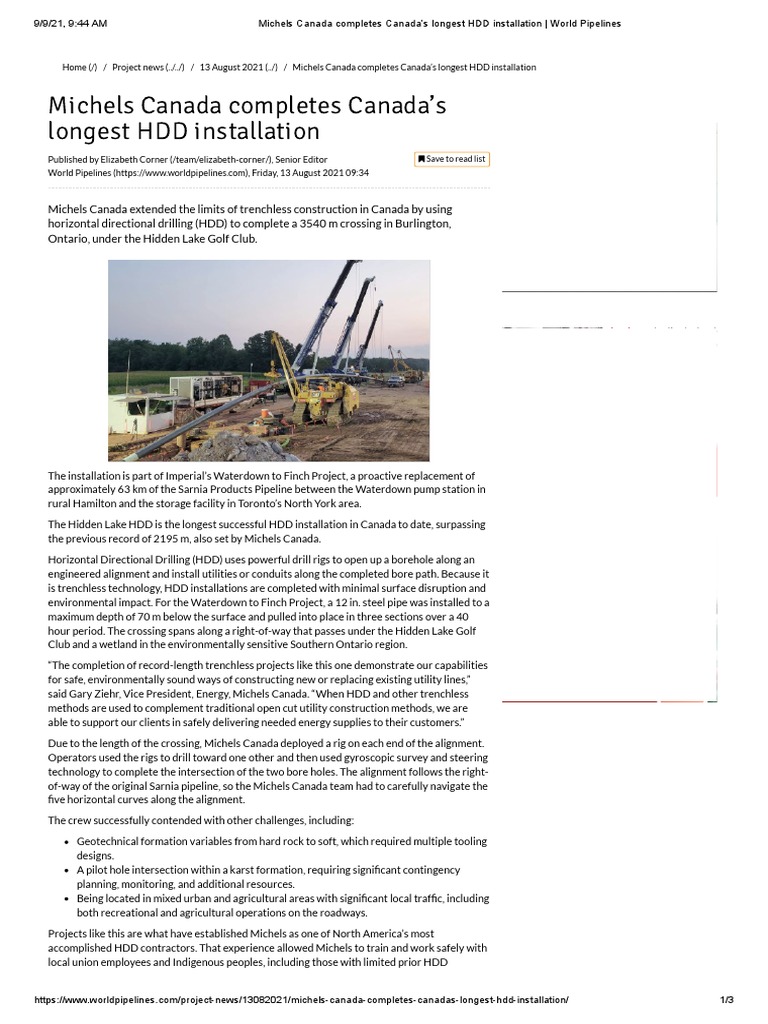 Michels Canada Completes Canada's Longest HDD Installation - World ...