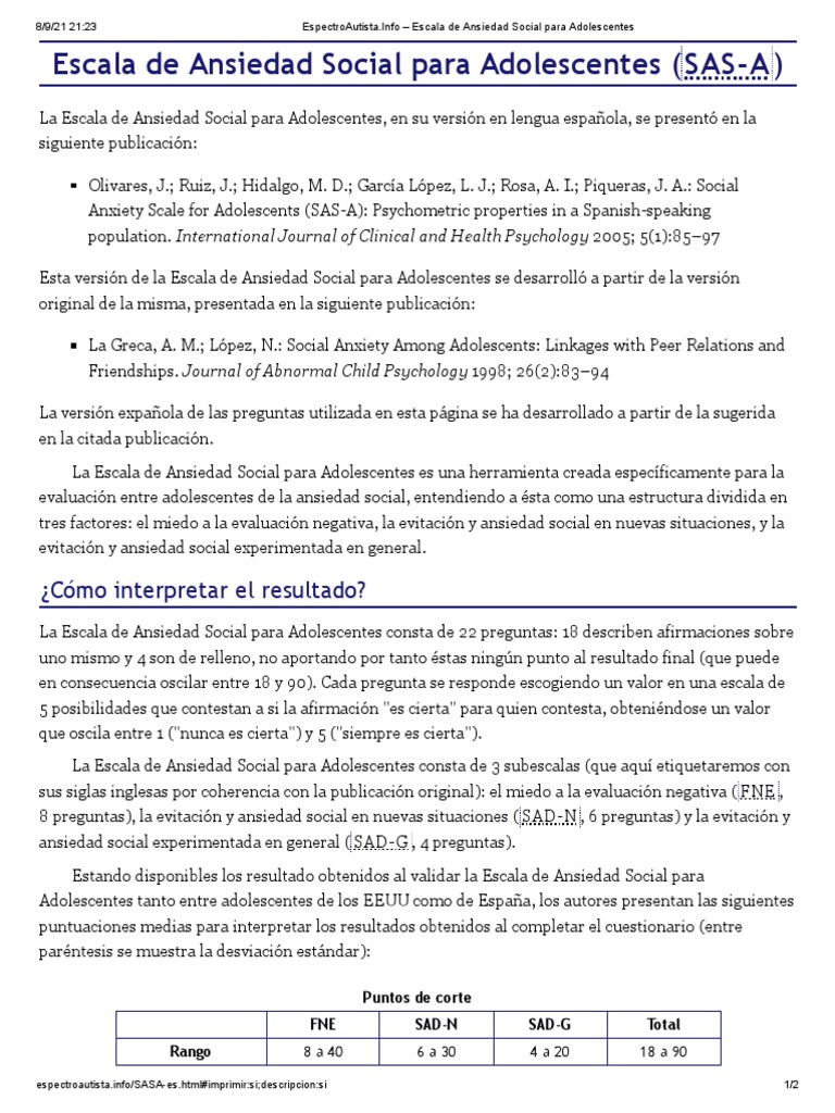 Escala de Ansiedad Social para Adolescentes | PDF | Ansiedad | Psiquiatría