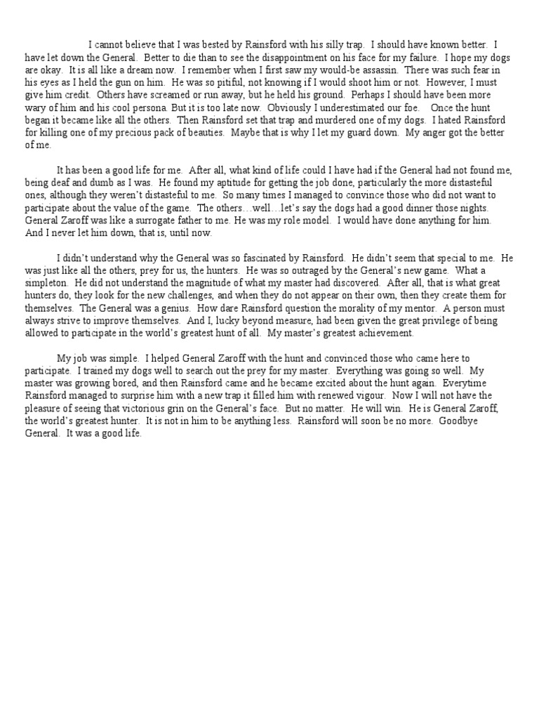 Most Dangerous Game-Diary Example | PDF