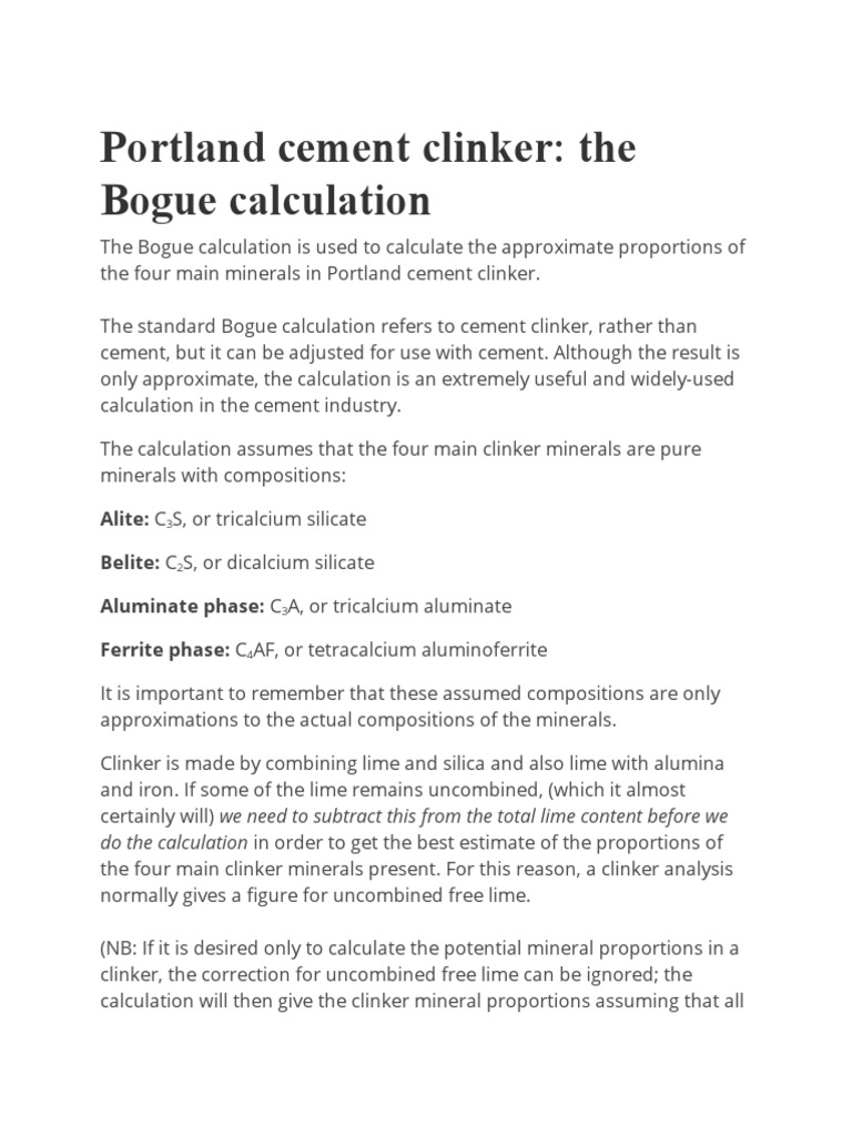 Portland Cement Clinker: The Bogue Calculation: Alite: C Belite: C ...