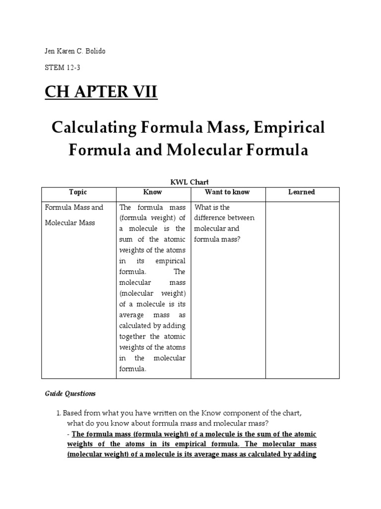 CH Apter Vii Calculating Formula Mass, Empirical Formula and Molecular ...